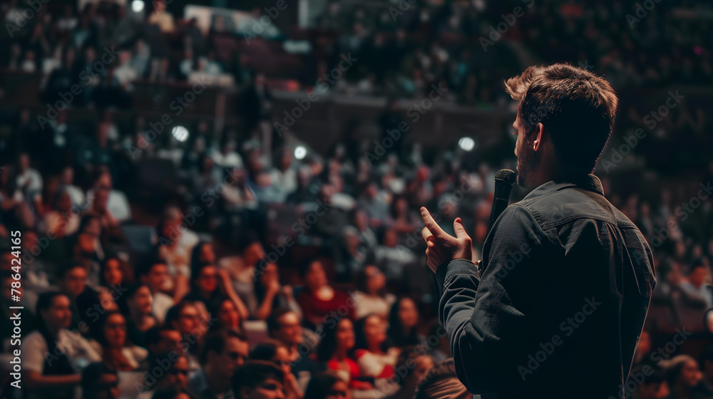 A leadership training session in a spacious auditorium, with a ...