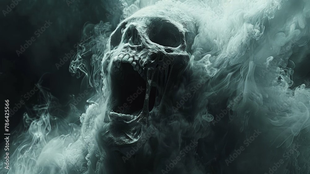 Spooky white undead ghost shrieking on eerie black backdrop. Stock ...