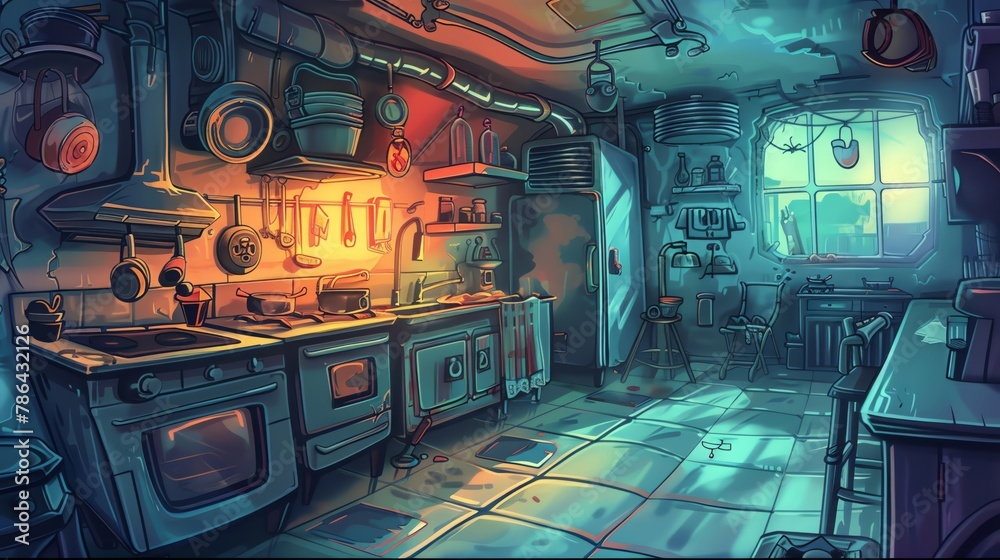 Capture the eerie atmosphere of a haunted kitchen with deep shadows and ...