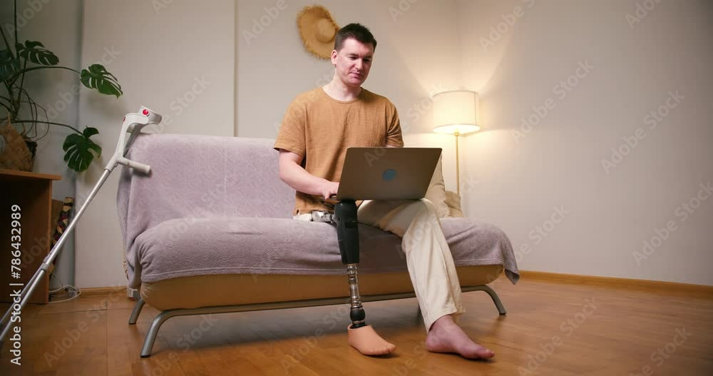 Man amputee with prosthetic leg disability on above knee transfemoral ...