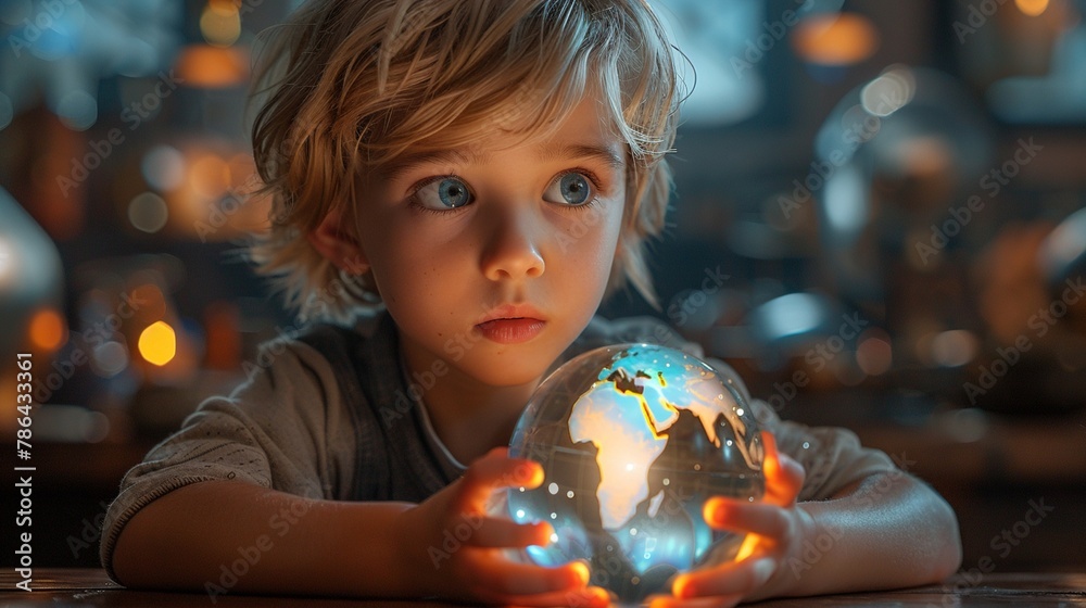 3D cartoon blonde hair child learning from a holographic globe ...