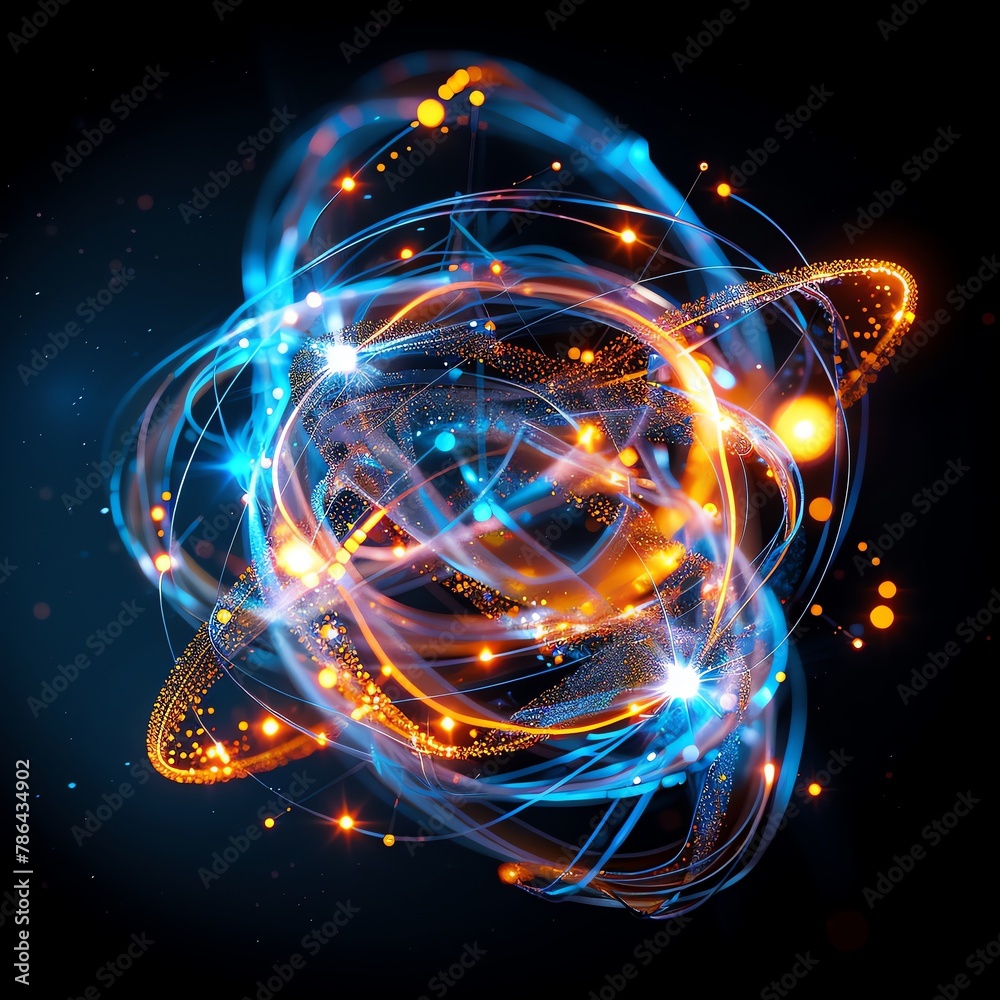 Electrons in atoms illustrated as glowing particles in motion, their ...