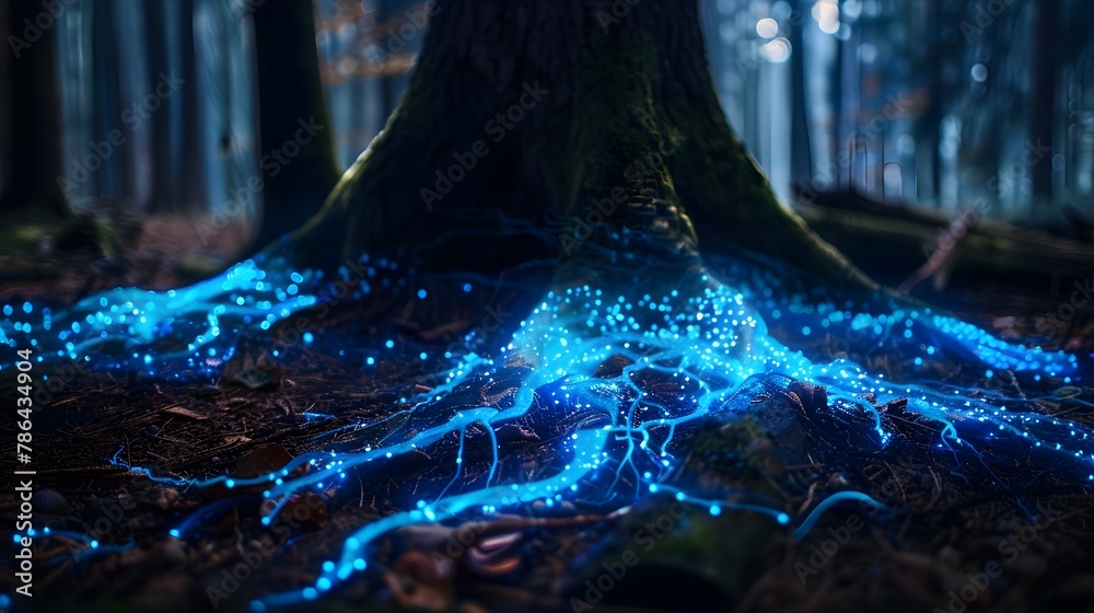 ภาพประกอบสต็อก Glowing Tree Roots in Mystical Forest Landscape with ...
