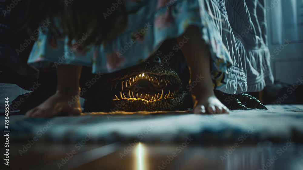 Scary monster under bed grabbing little girl by legs Stock Photo ...