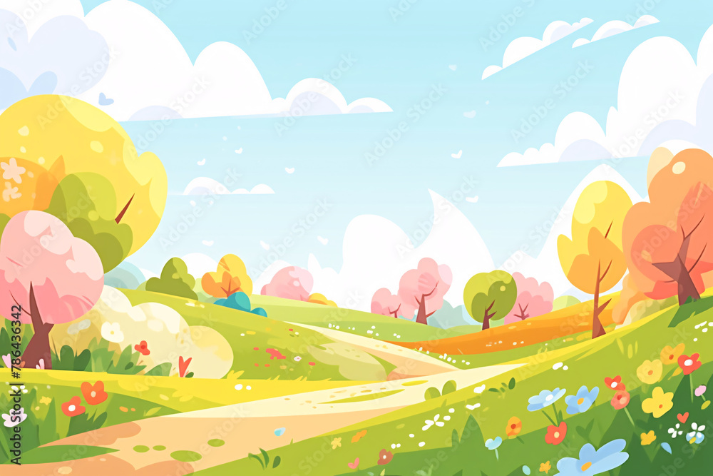 Beautiful spring outdoor landscape cartoon illustration, Beginning of ...