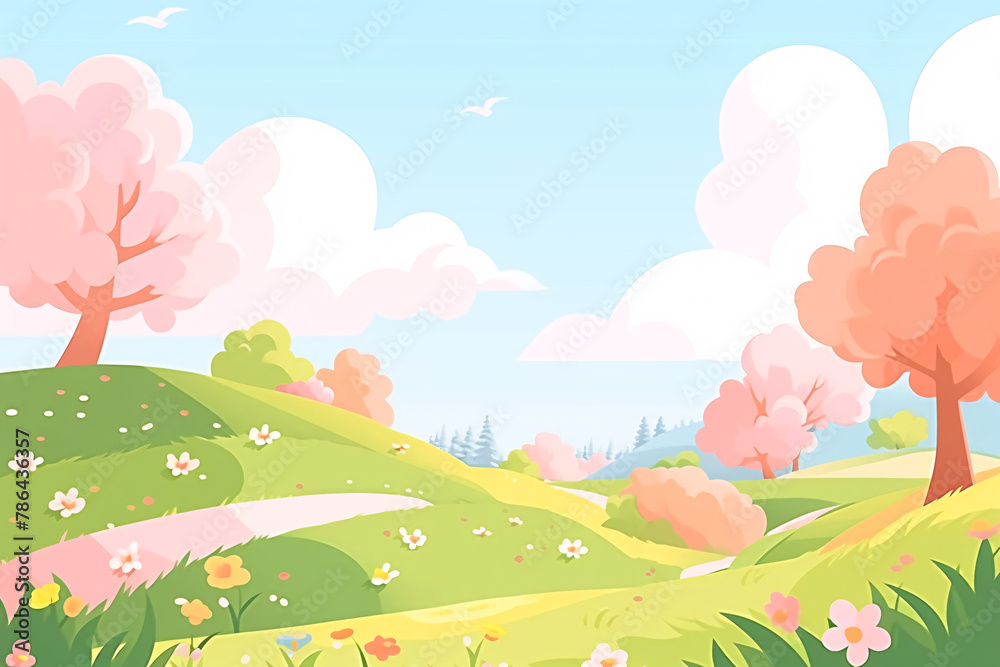Beautiful spring outdoor landscape cartoon illustration, Beginning of ...