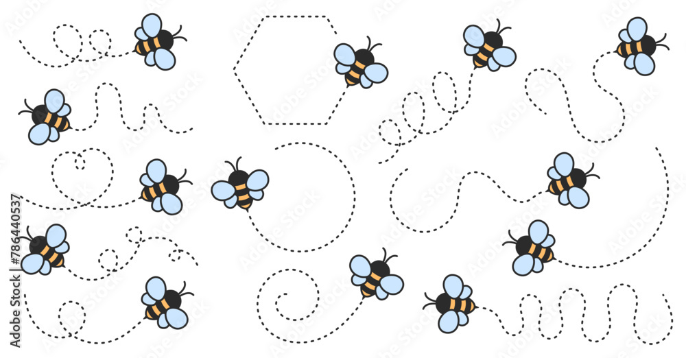 Cartoon bee flying on a dotted route line. Vector illustration isolated ...