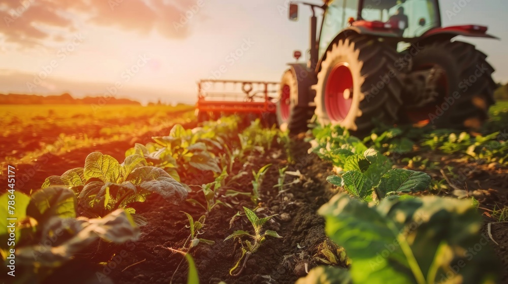 A side view of the farmer operating a tractor-mounted cultivator to ...