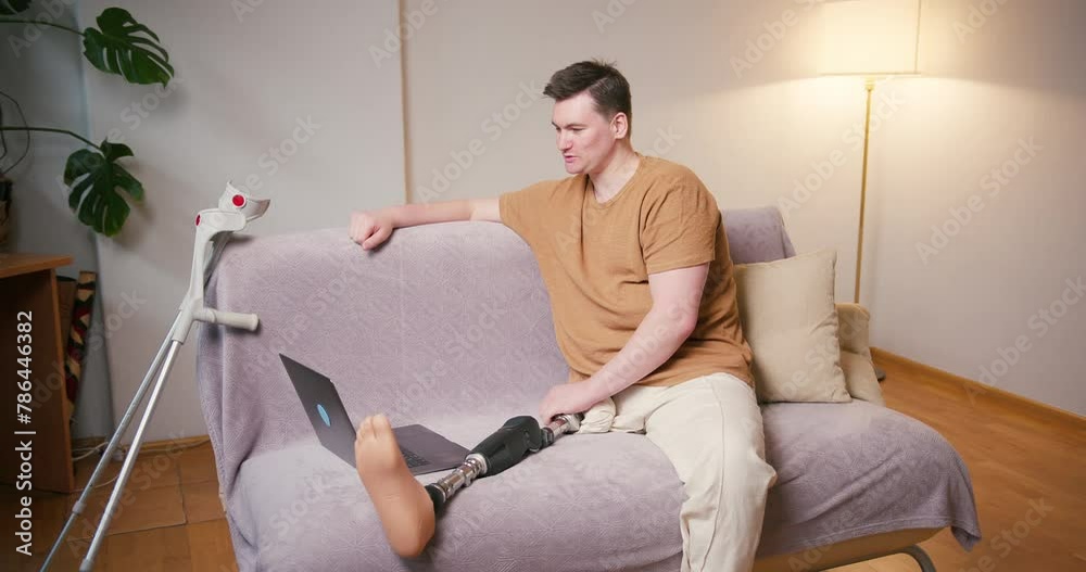 Man amputee with prosthetic leg disability on above knee transfemoral ...