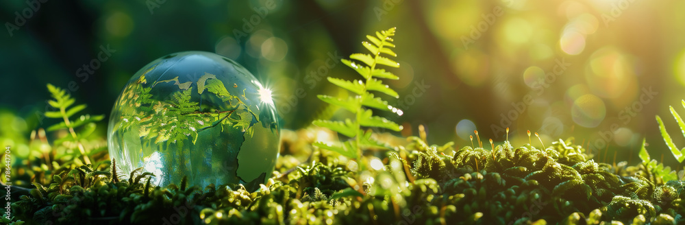Green glass transparent earth globe on mossy ground with a fern leaf in ...