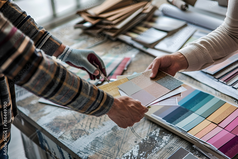An interior designer and their client beside color swatches, discussing ...