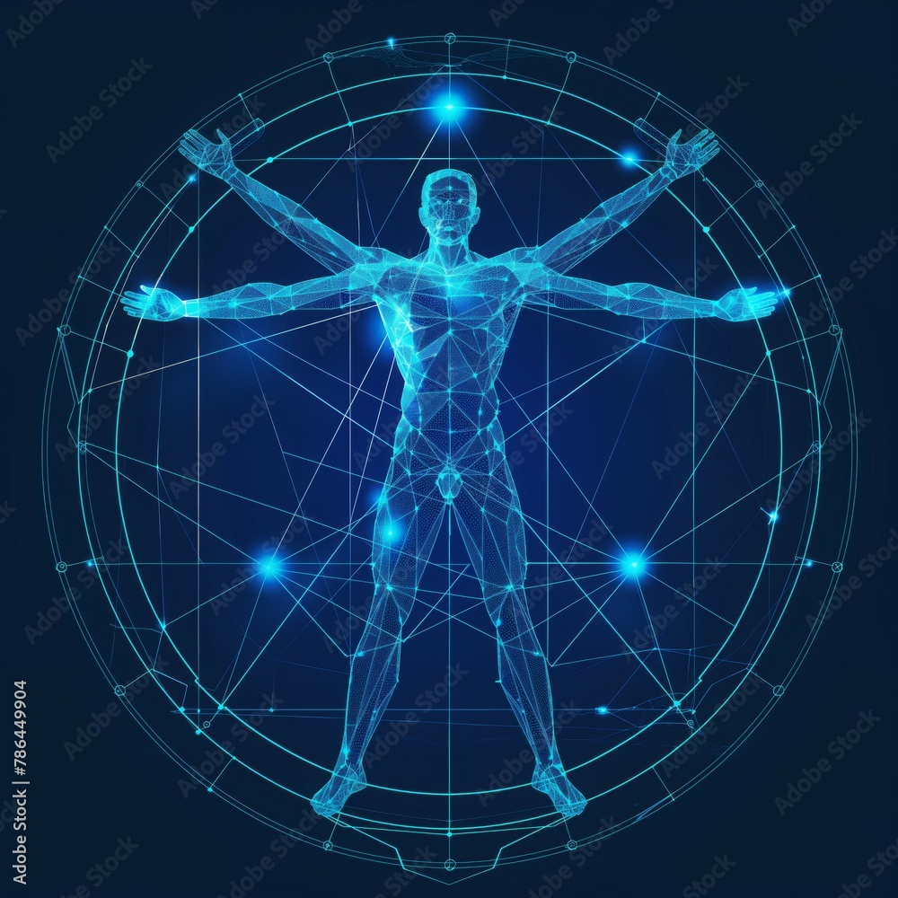 A man interacts with a digital representation of the Vitruvian Man ...