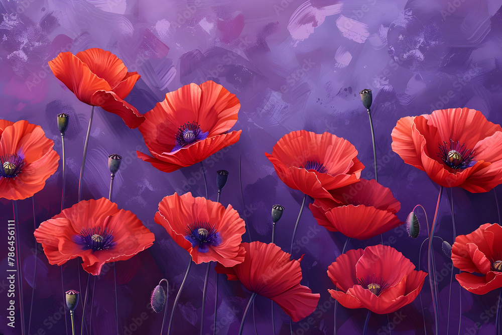 Anzac day celebrations with red poppy flowers on purple background ...
