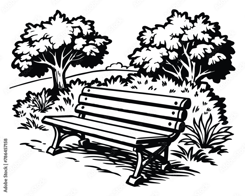 Realistic Bench Coloring Page In Park With Soft Color Blending vector ...