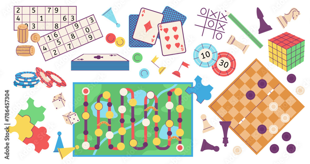 Board games cartoon set. Chess and puzzle, game cards and bones ...