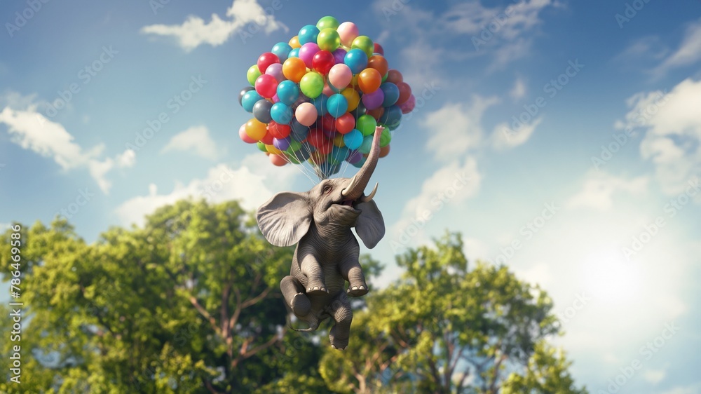 Fliegender lustiger Elefant mit bunten Luftballons als Geburtstagskarte und Druckvorlage Stock ...