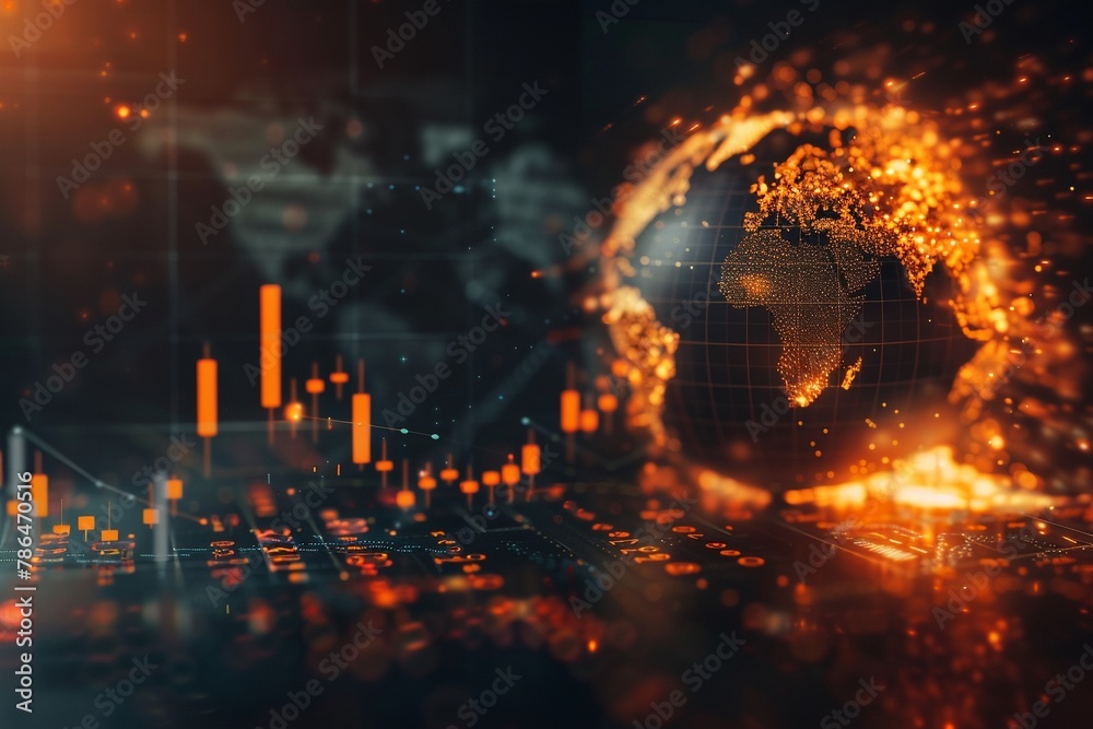 A stark, powerful image of a fragmented globe with flames bursting from ...