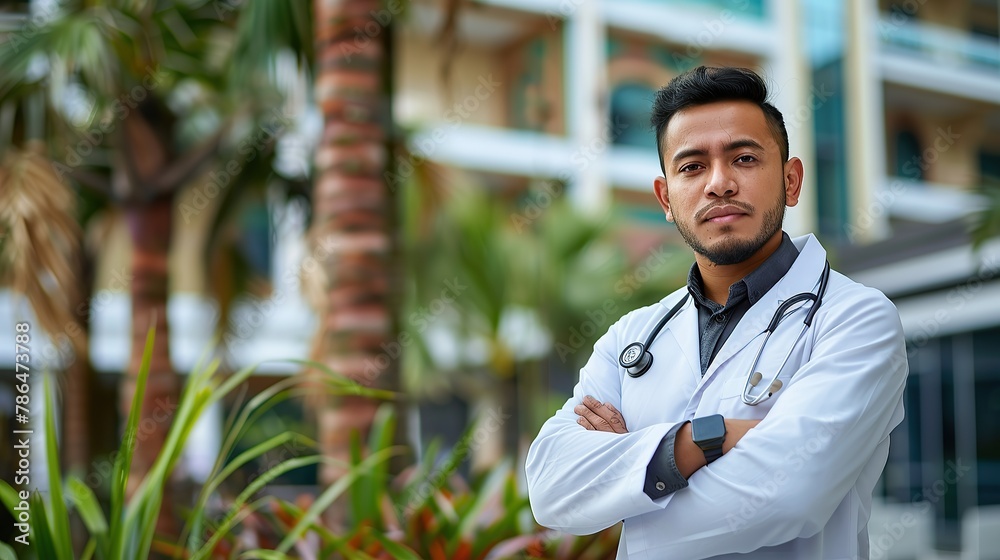 Horizontal waist-up portrait of a handsome male Arab Malay doctor ...