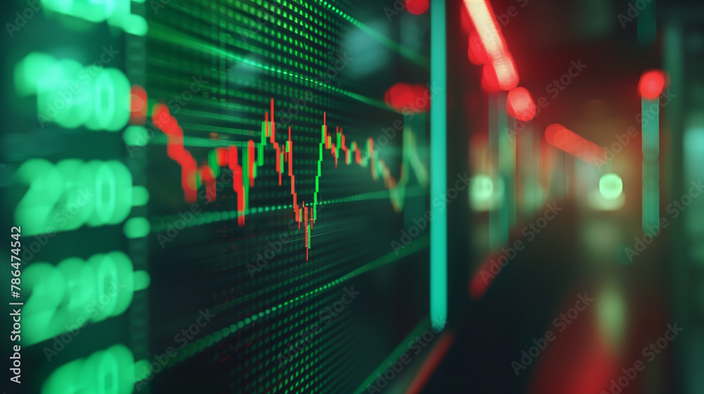 a dynamic financial chart on a digital screen, vibrant green and red ...