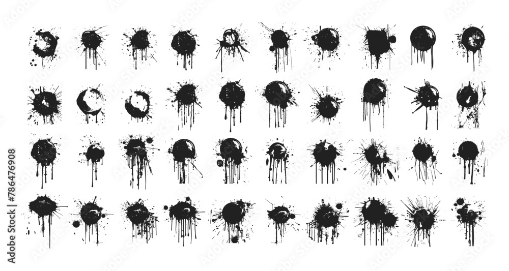 Spray blobs grunge vector set. Graffiti round drops splashes paint leaks textures city street ...