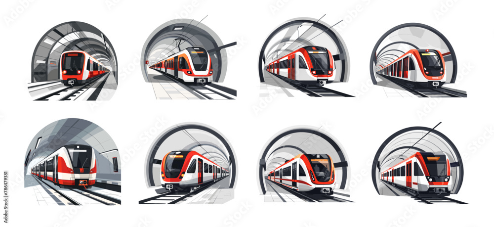 Underground metro tunnel cartoon vector set. Rail train road urban ...