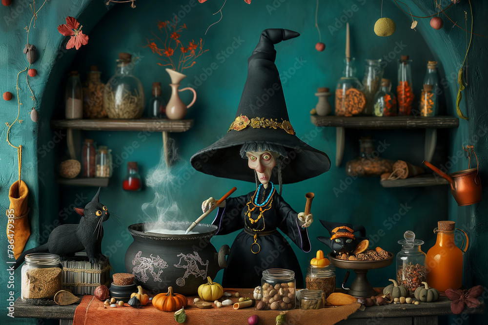 Clay character illustration of a fairy tale witch brewing a potion in a ...