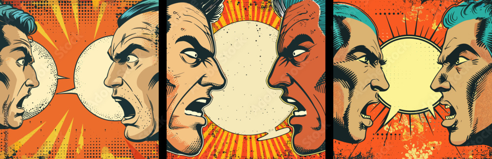 Versus men debate pop art vector concepts. Arguing people evil faces ...