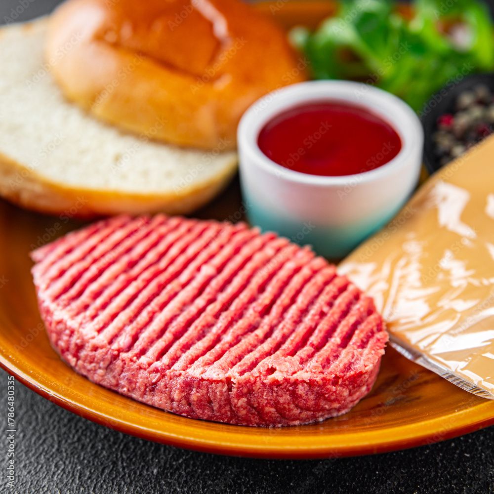 burger set raw cutlet, bun, cheese, tomato sauce, greens fresh cooking ...
