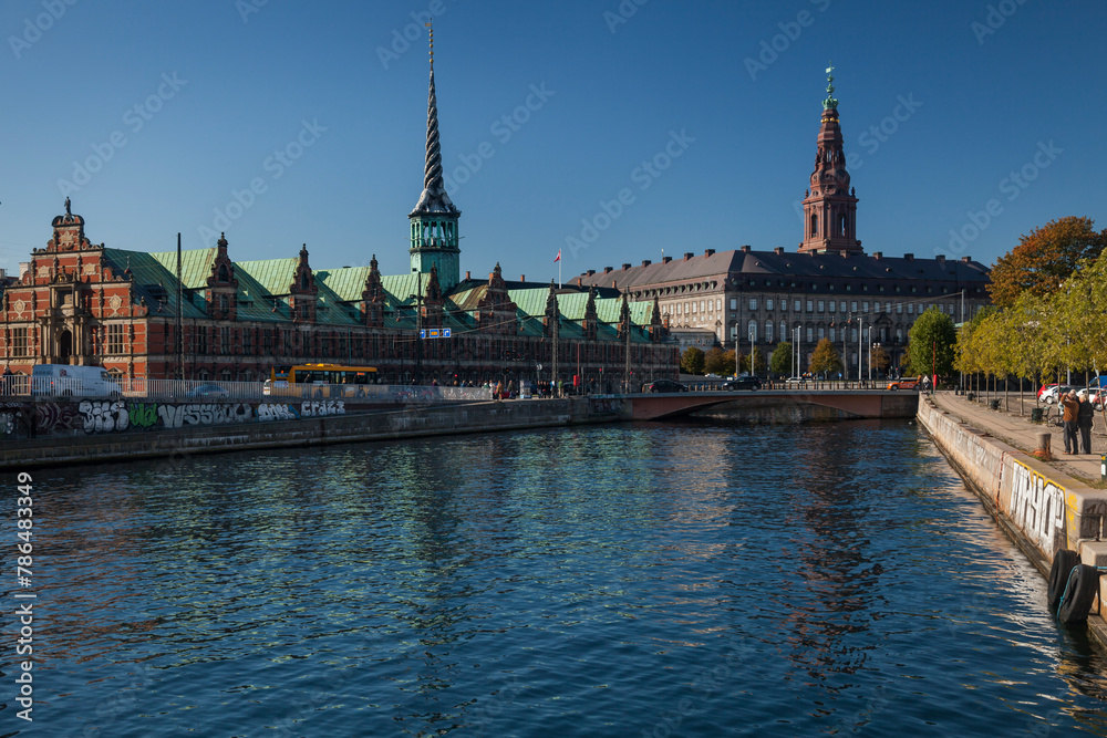 Copenhagen Stock Exchange and its spire by the canal before the fire ...