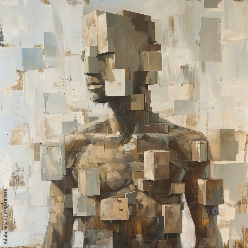 Craft an oil painting of a humanoid figure made up of cubes in various ...
