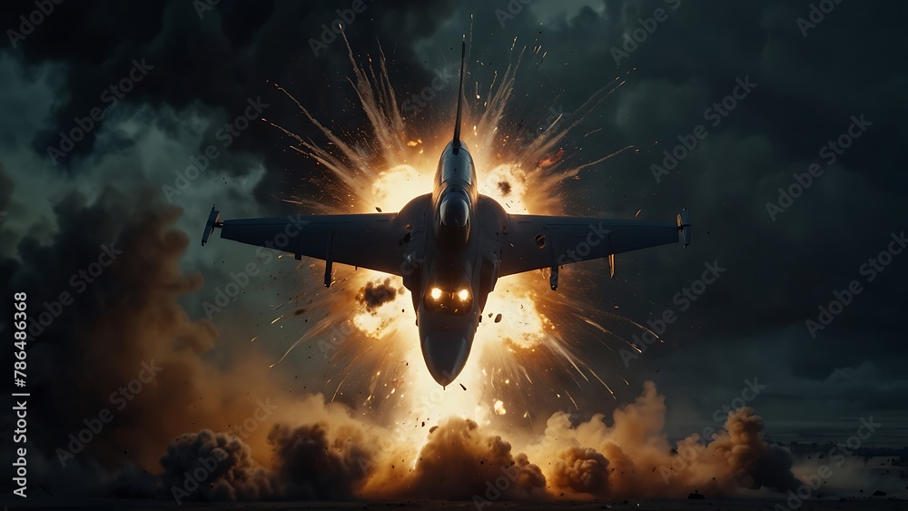 Fighter plane explodes in mid-air. violent explosion Smoke from the ...