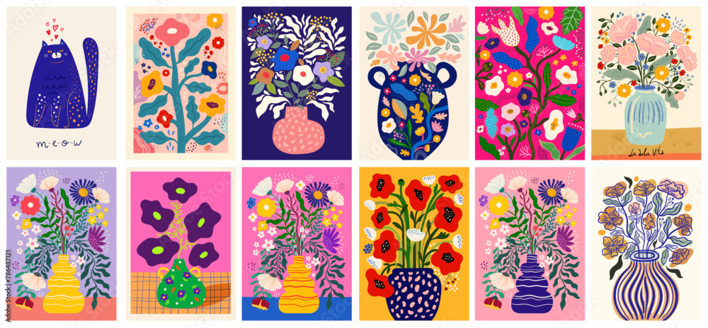 Beautiful flower collection of posters with roses, leaves, floral ...