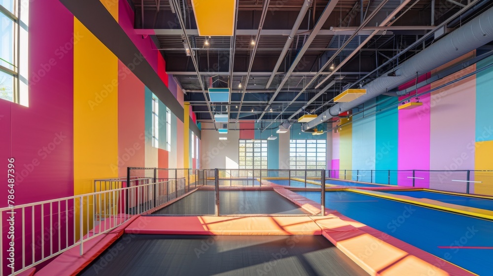 Empty trampoline park interior featuring bold color blocks that ignite ...