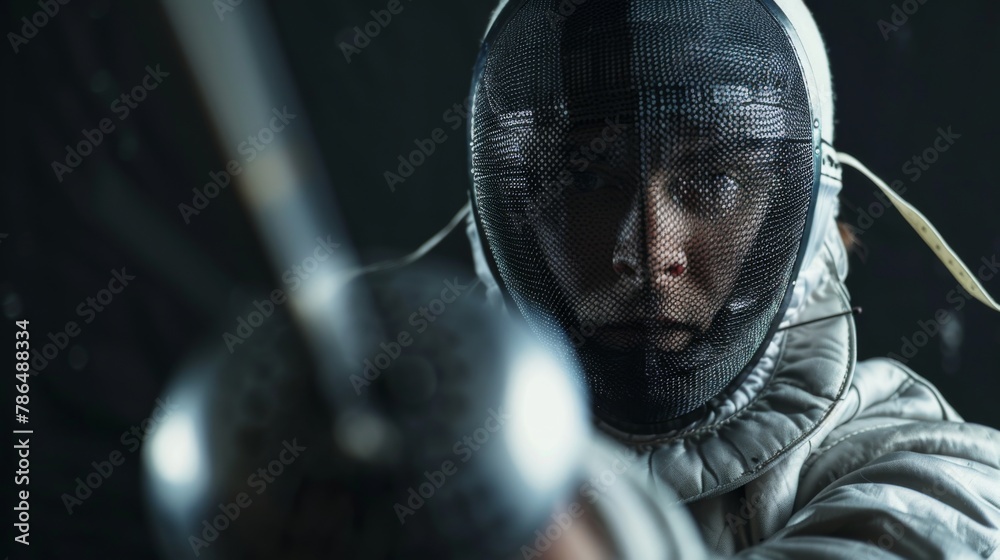 Male fencer, captured in a moment of readiness, wearing his protective ...