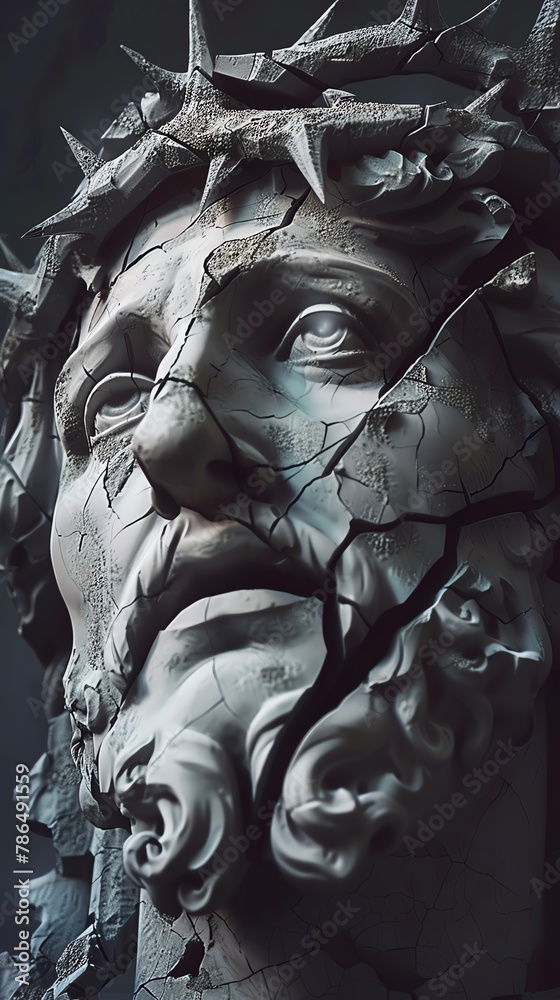 Transform an old statues face from a low-angle perspective into a cut ...
