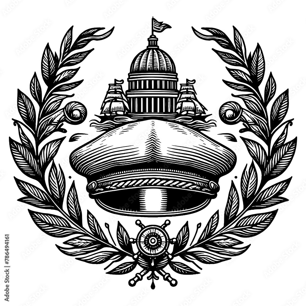 Captain cap and laurel wreath sailor coat of arms sketch engraving ...