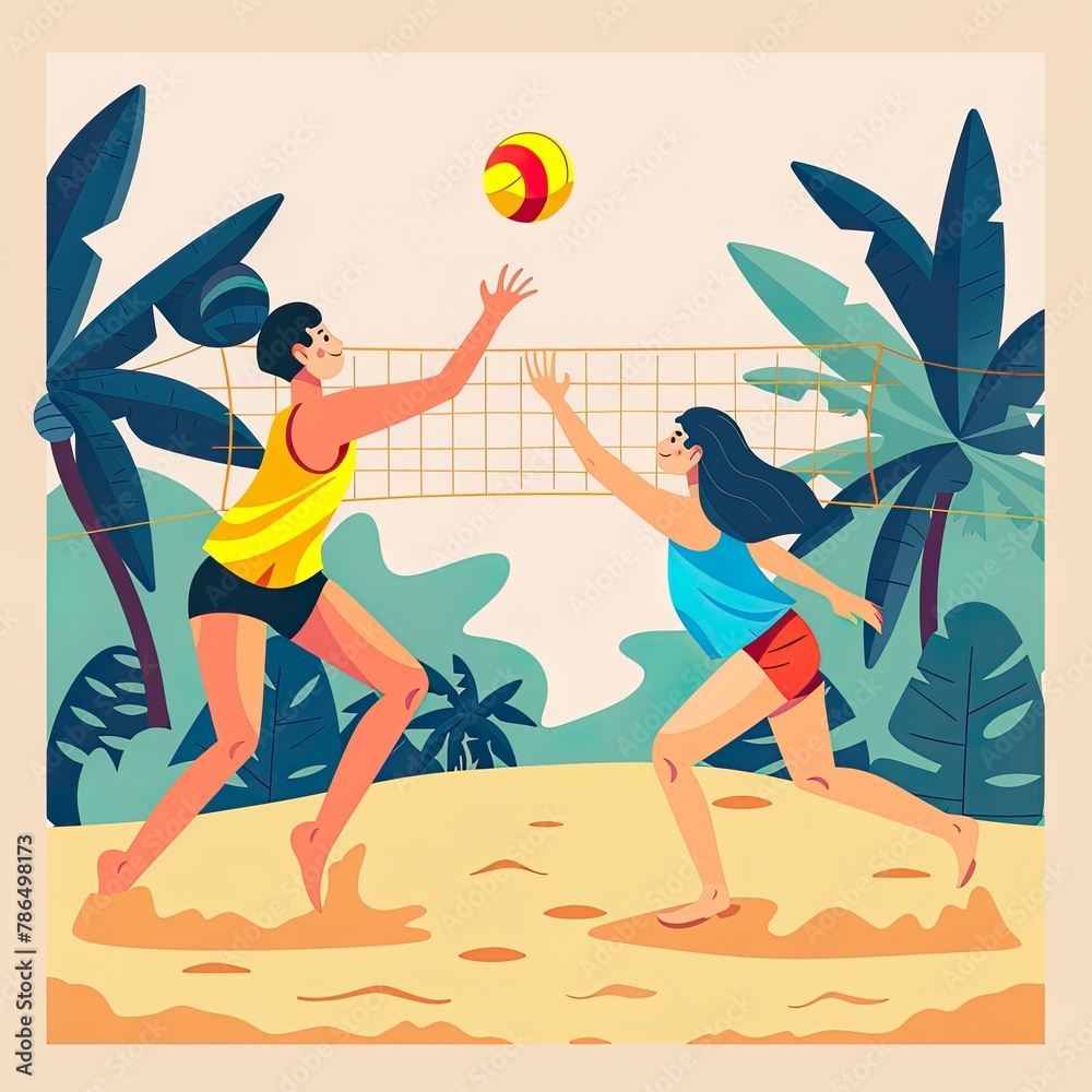 An energetic beach volleyball game in full swing, with two female ...