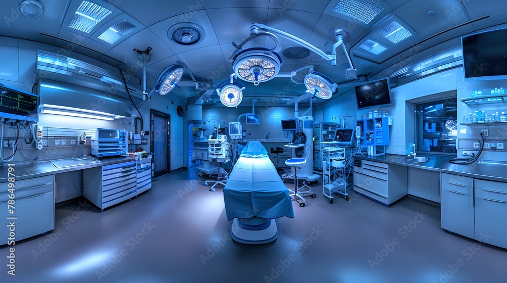 Futuristic blue-toned operating room with advanced medical equipment ...