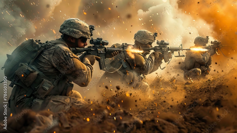 army soldiers fighting with guns and defending their country. In ...