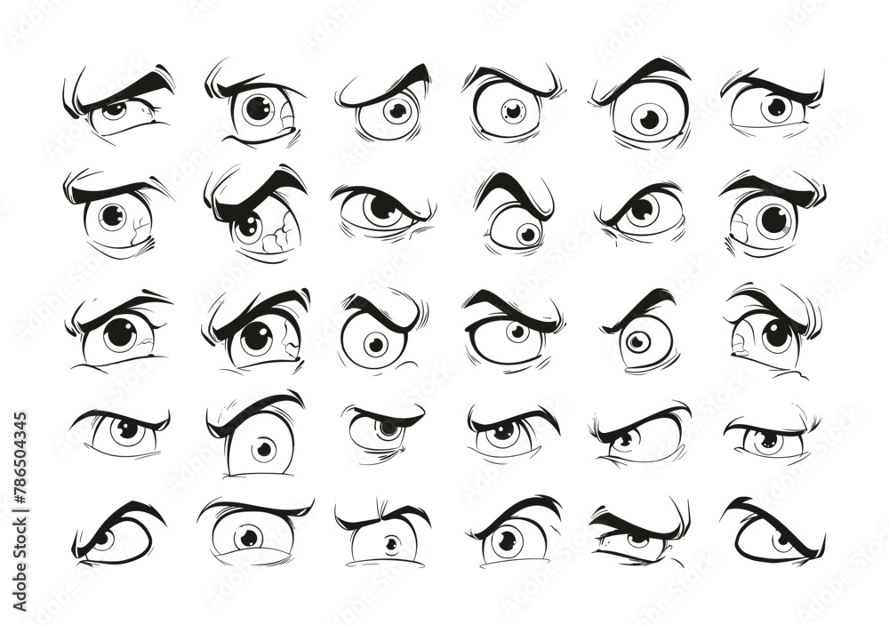 Cartoon eye ink sketch vector set. Angry suspicious furious evil comic ...