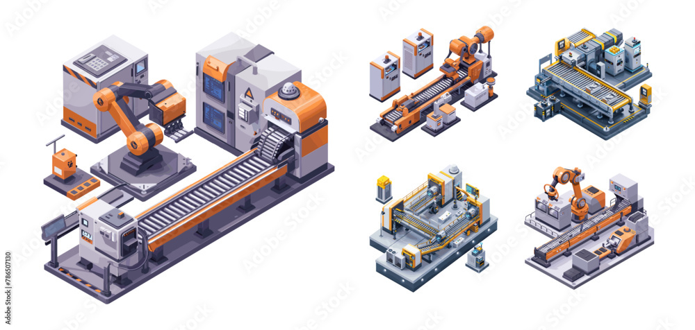 Conveyor production line isometric set. Automated manufacturing heavy ...