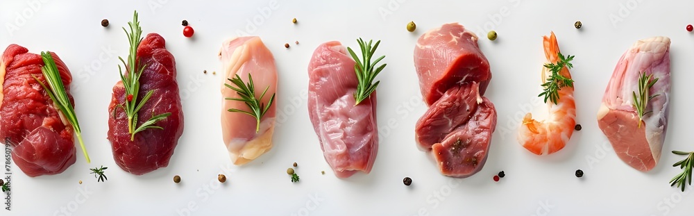 Set of raw different parts of beef such as Brisket, Ribeye, Round beef ...