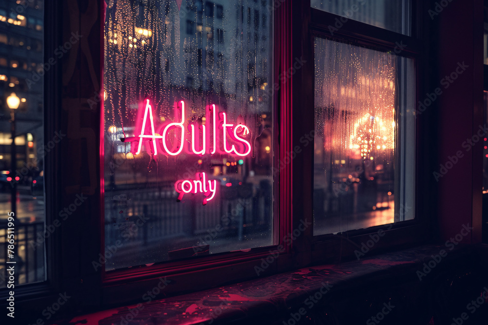 Pink neon light sign with 'Adults only' text hanging in window of bar ...