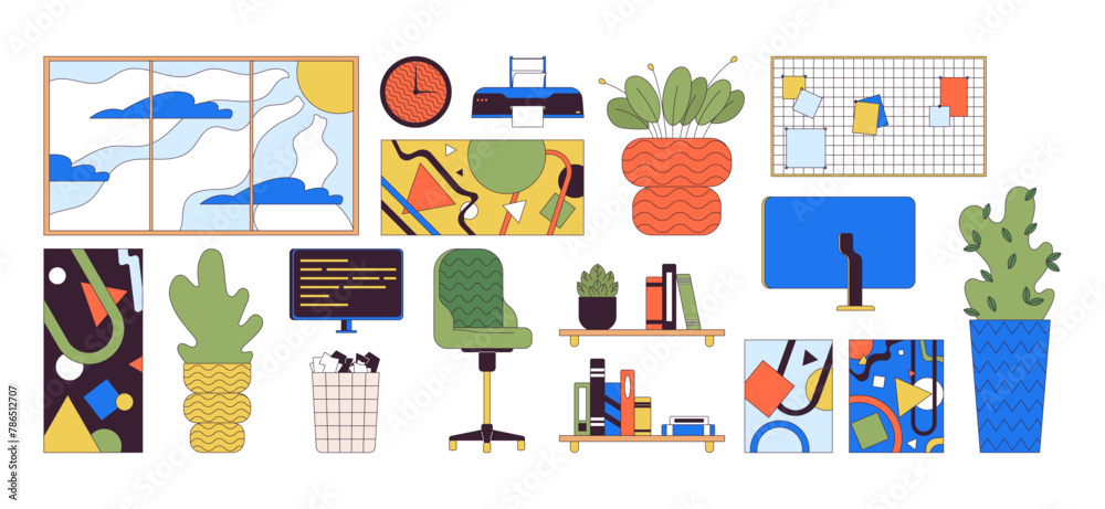 Office interior design details 2D linear cartoon objects set. Workplace ...