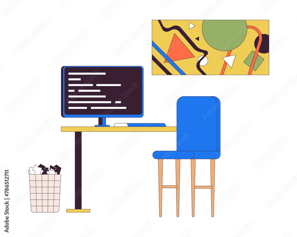 Office workplace with computer 2D linear cartoon objects. Pc monitor on ...