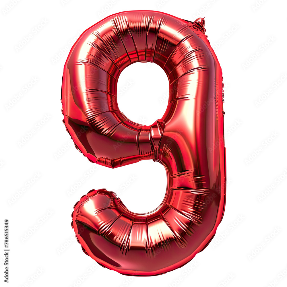 Number 9 nine red metallic inflatable balloon cutout png isolated on white or transparent ...