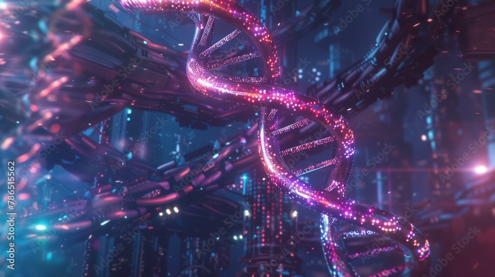 Within a futuristic medical facility, a towering holographic display ...
