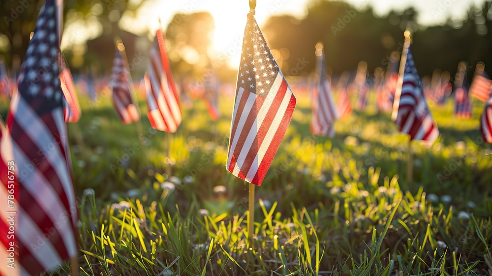 Field Of American Flags Honoring Veterans On Memorial Day In Remember