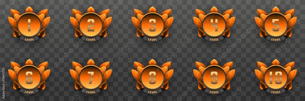 Abstract Orange and Gold Themed Game GUI Level Up Badges for Game UI ...