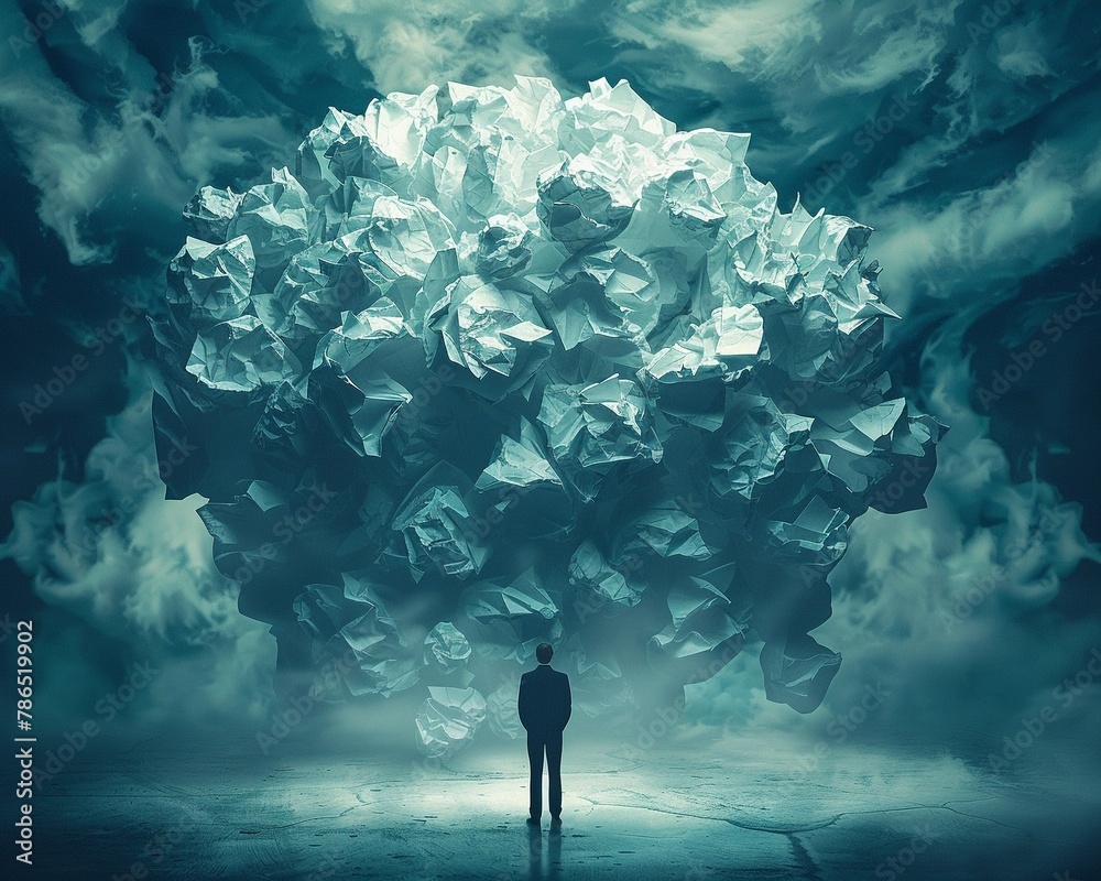 An individual shadowed under a looming mountain of crumpled paper balls ...